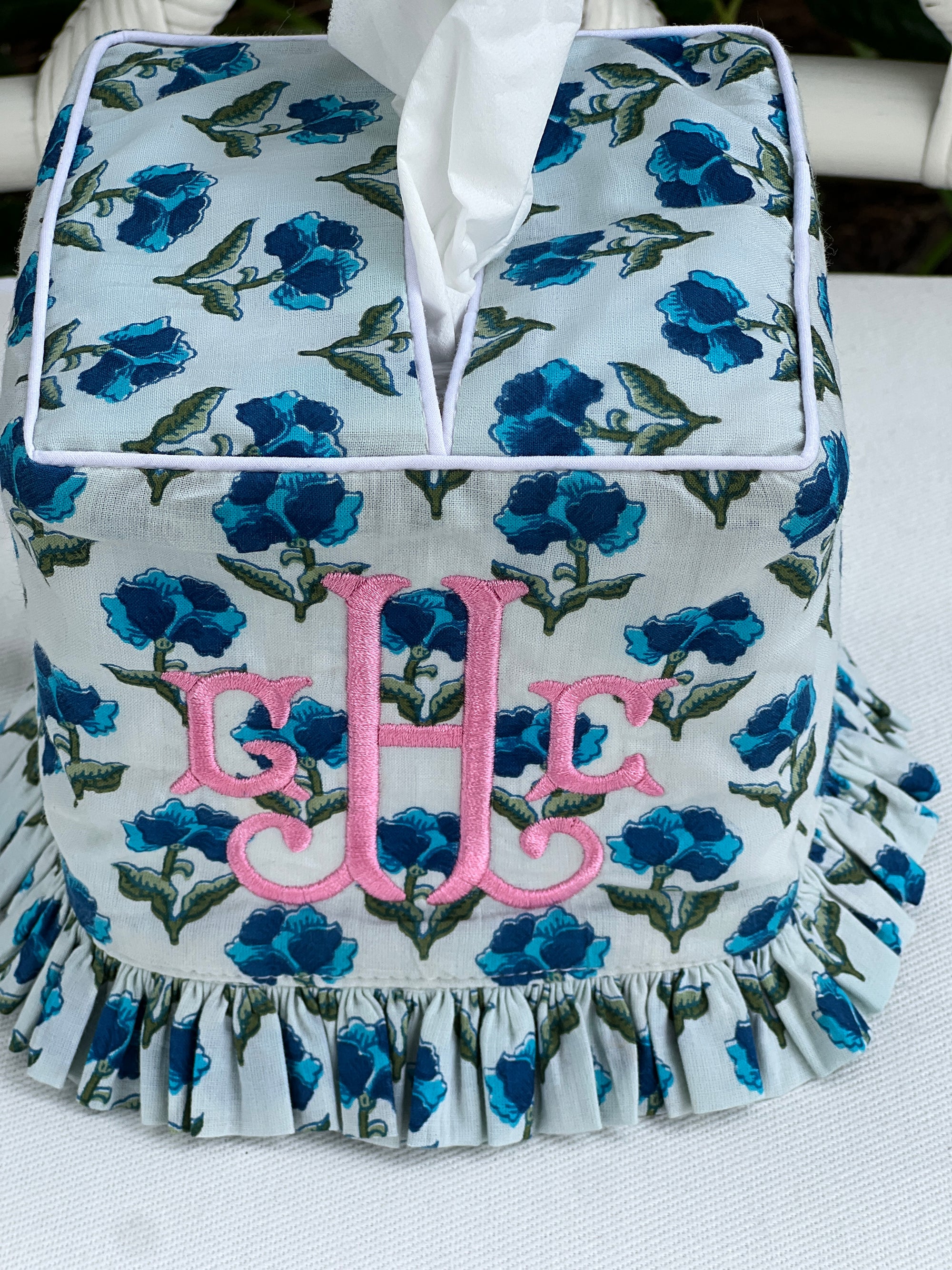 Green and blue floral ruffle tissue cover, custom monogram available ...