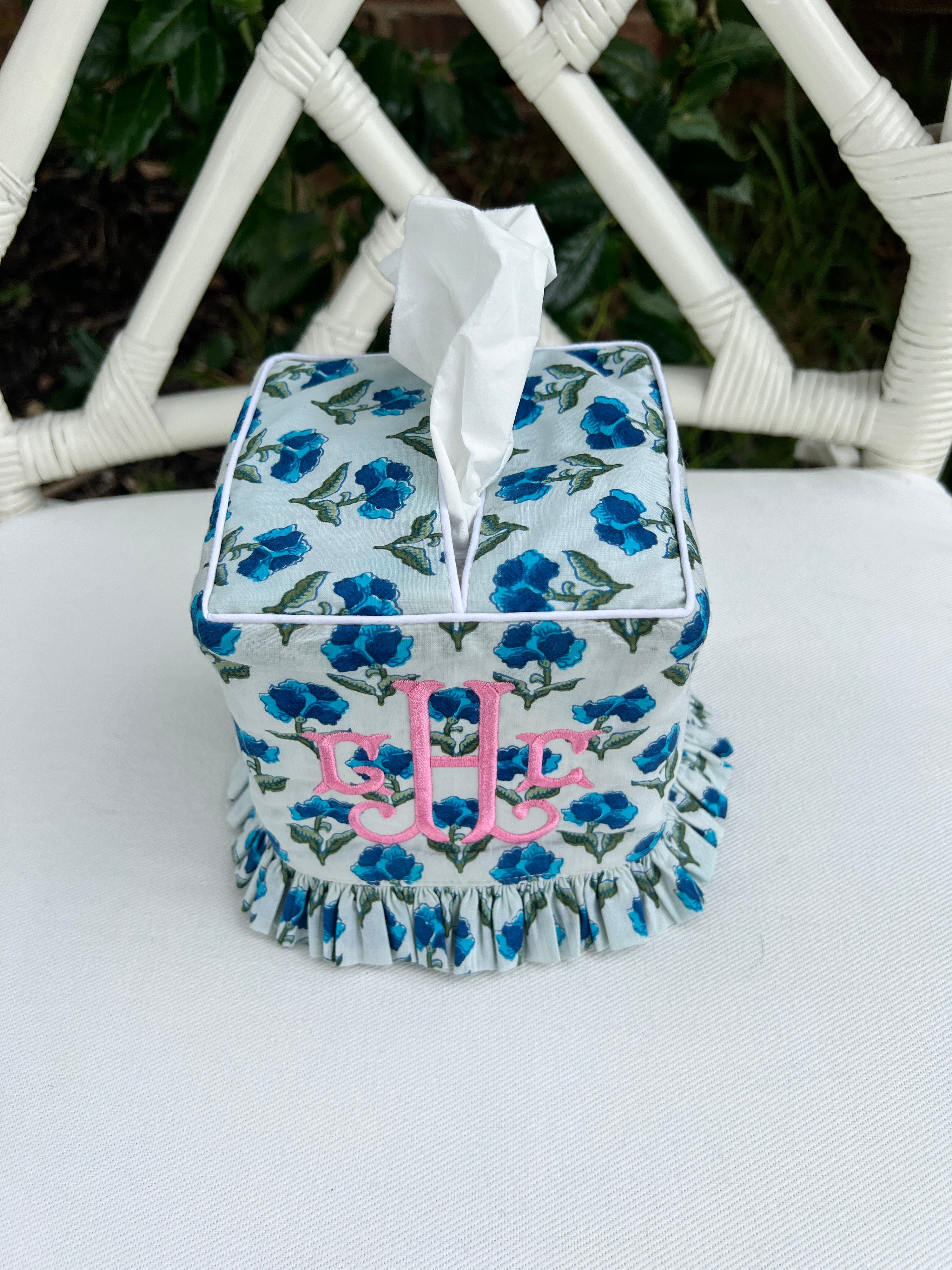 Green and blue floral ruffle tissue cover, custom monogram available ...