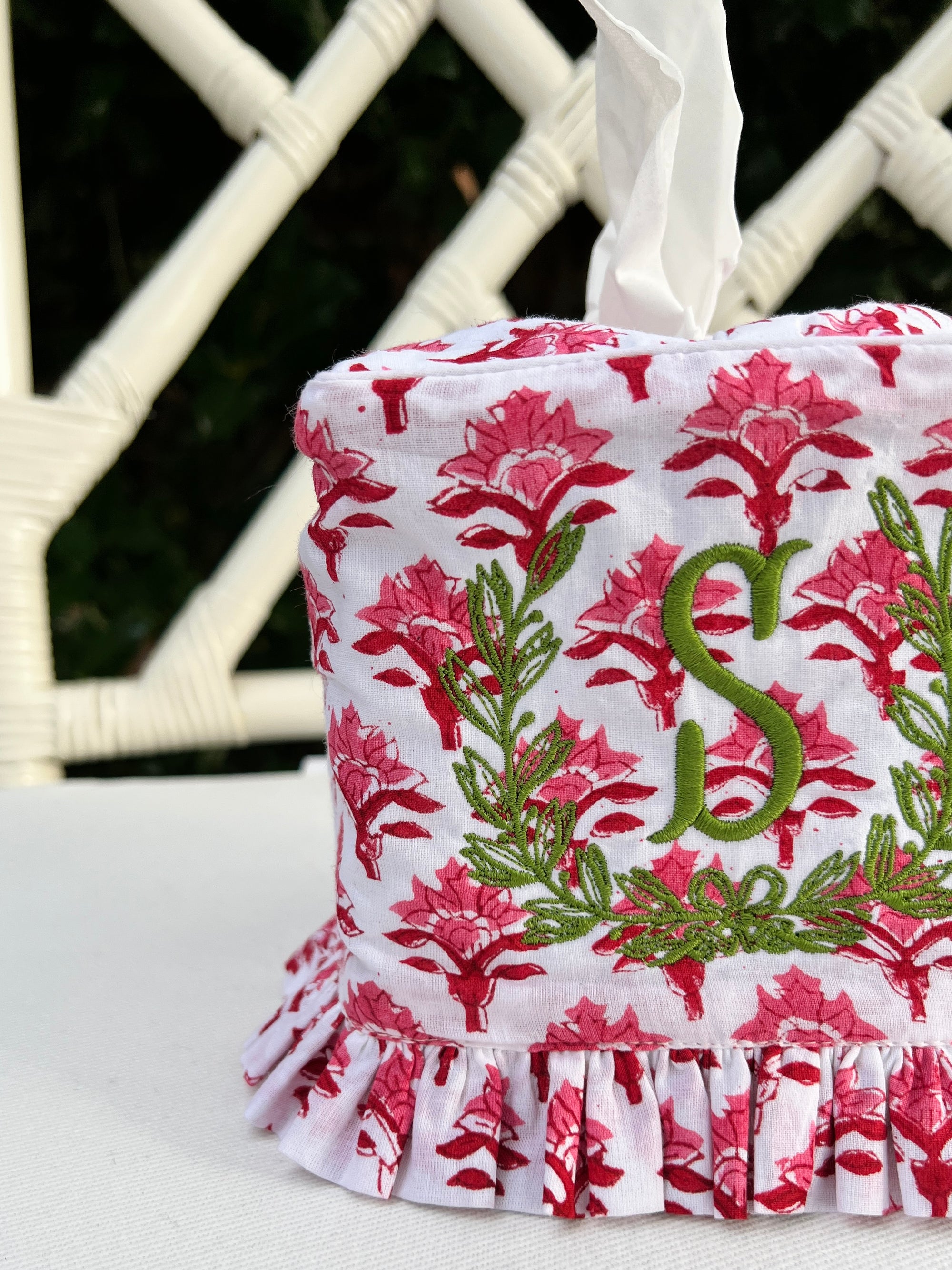 Red and pink block print ruffle tissue cover, custom monogram availabl ...