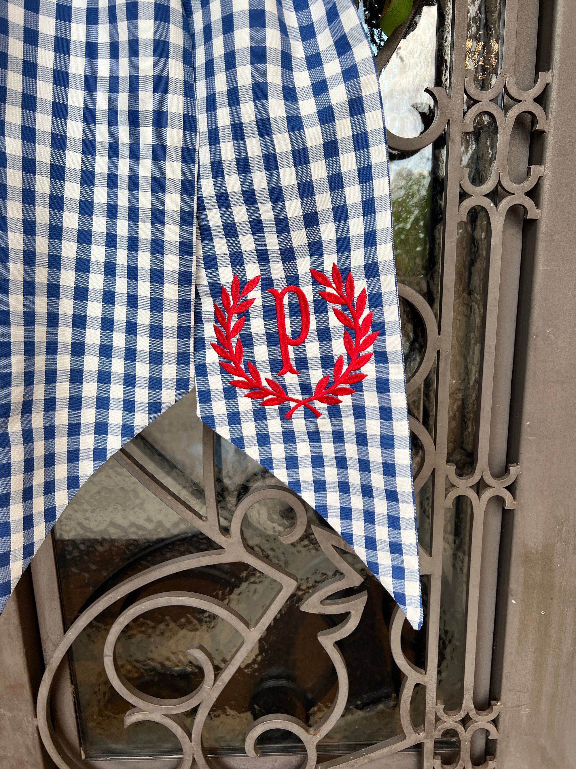 Outdoor wreath sash blue gingham monogram available – Grace Harris ...