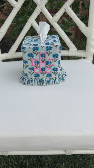 Green and blue floral ruffle tissue cover, custom monogram available ...